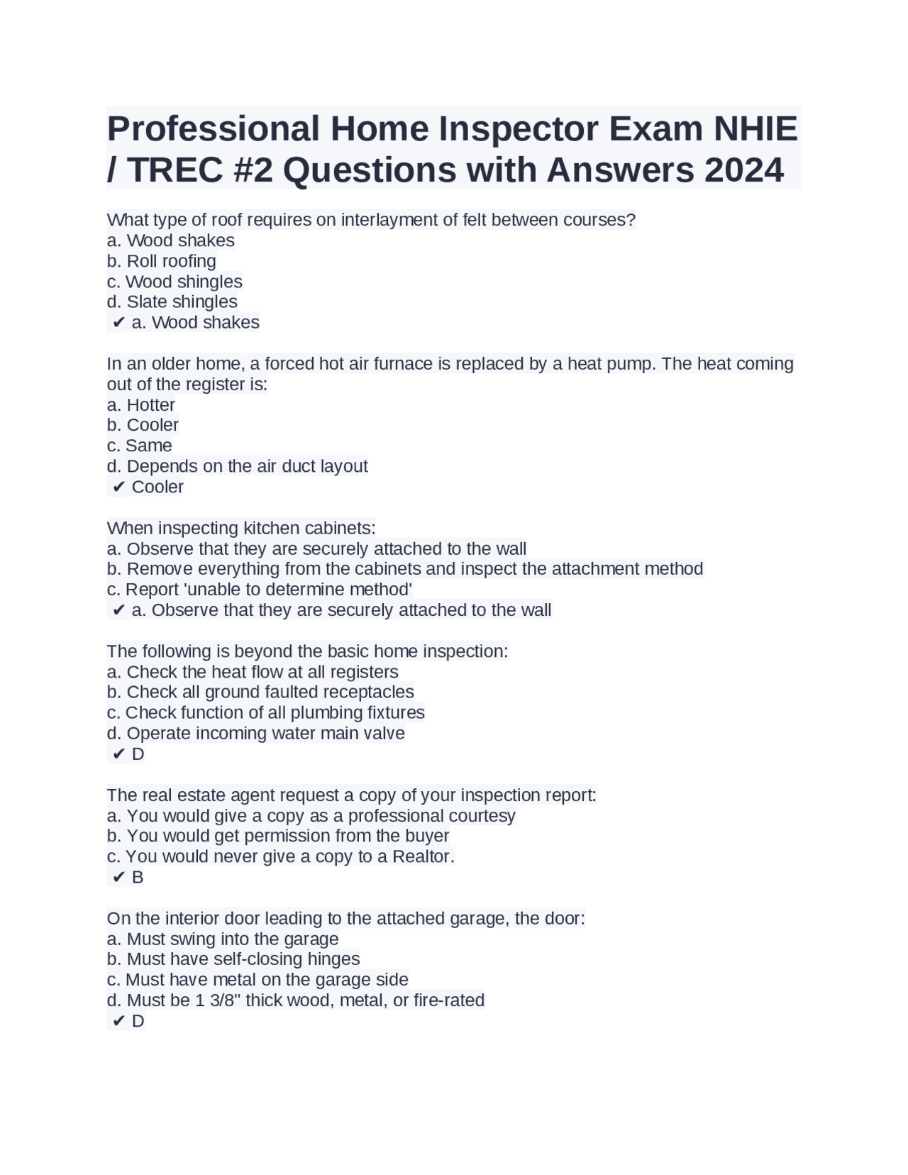 Professional Home Inspector Exam NHIE / TREC #2 Questions with Answers ...