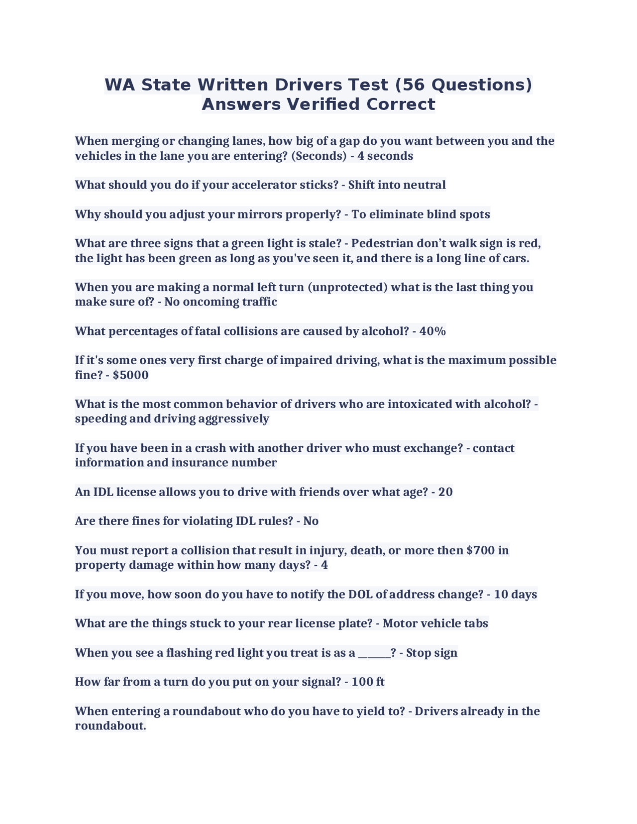 WA State Written Drivers Test (56 Questions) Answers Verified Correct ...