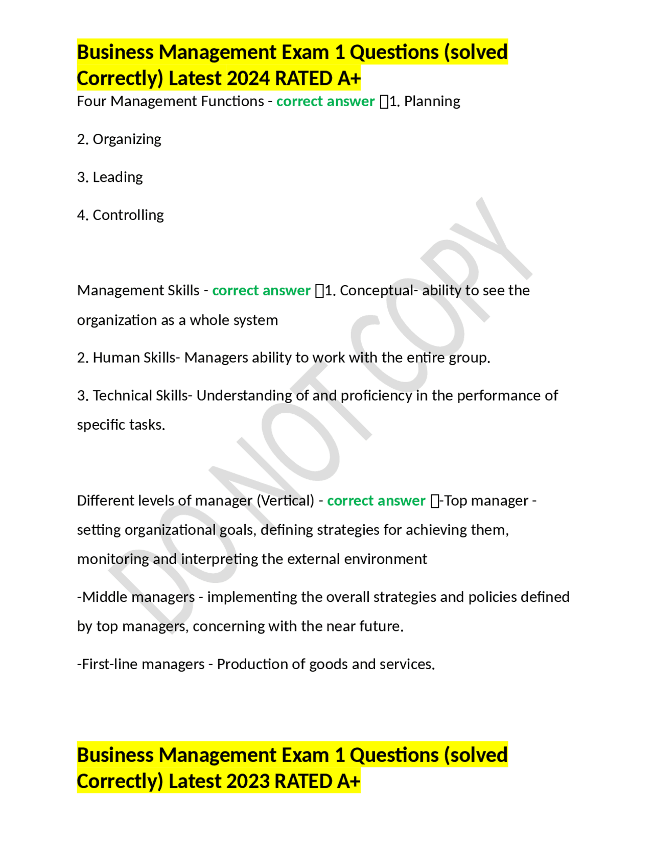 Business Management Exam 1 Questions (solved Correctly) Latest 2024 ...