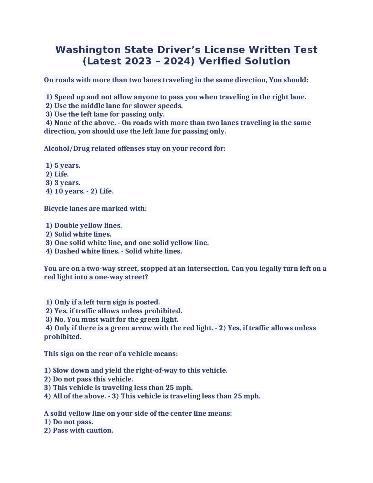 Washington State Driver’s License Written Test (Latest 2023 – 2024 ...