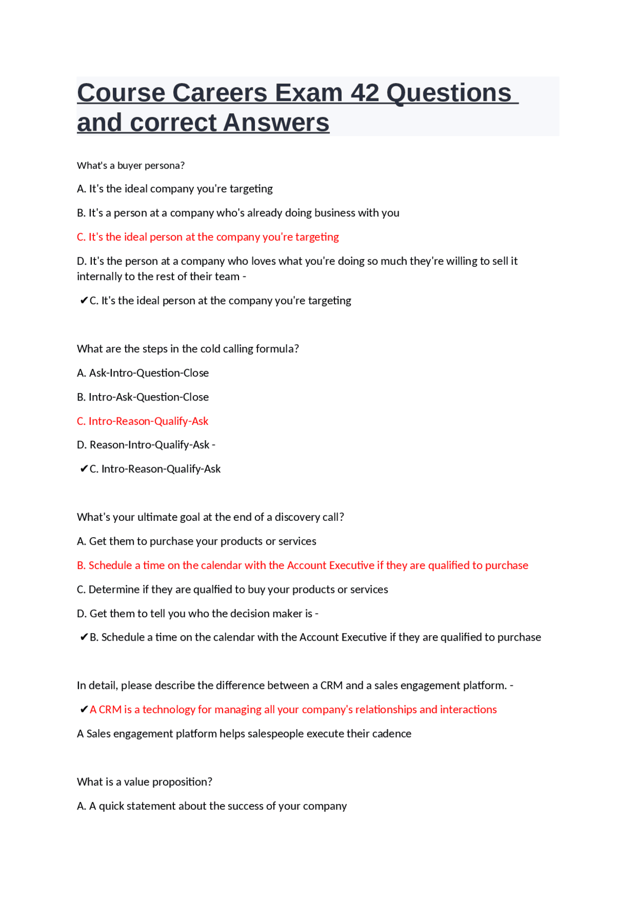 Course Careers Exam 42 Questions and correct Answers | Exams Nursing ...