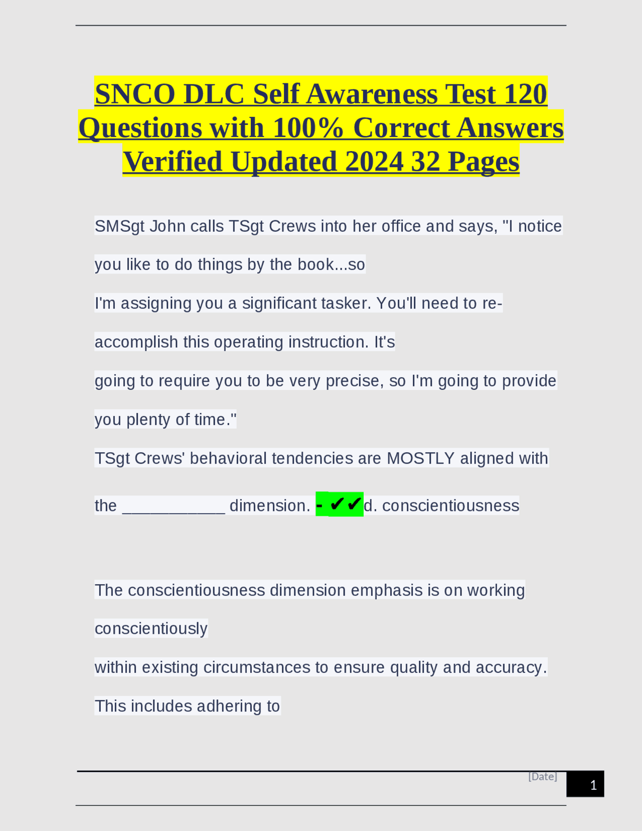 SNCO DLC Self Awareness Test 120 Questions with 100% Correct Answers ...