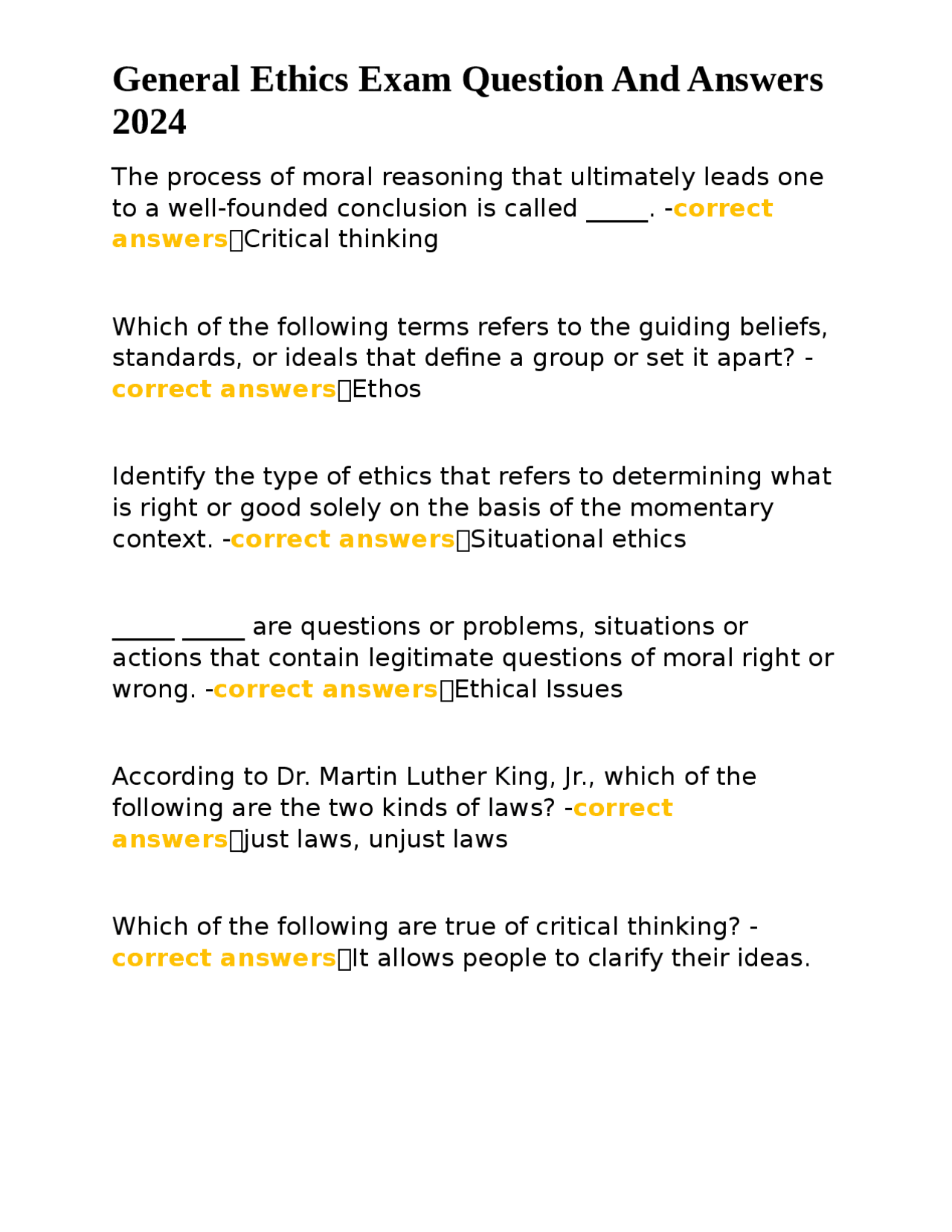 General Ethics Exam Question and Answers 2024 | Exams Nursing | Docsity