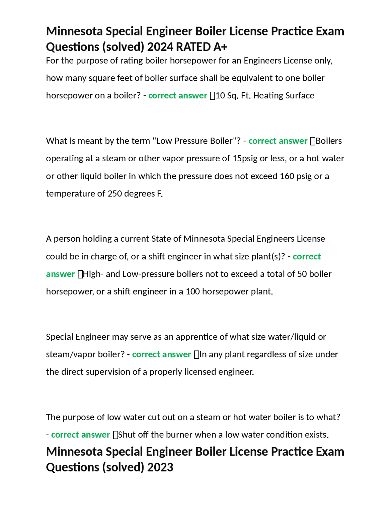 Minnesota Special Engineer Boiler License Practice Exam Questions ...