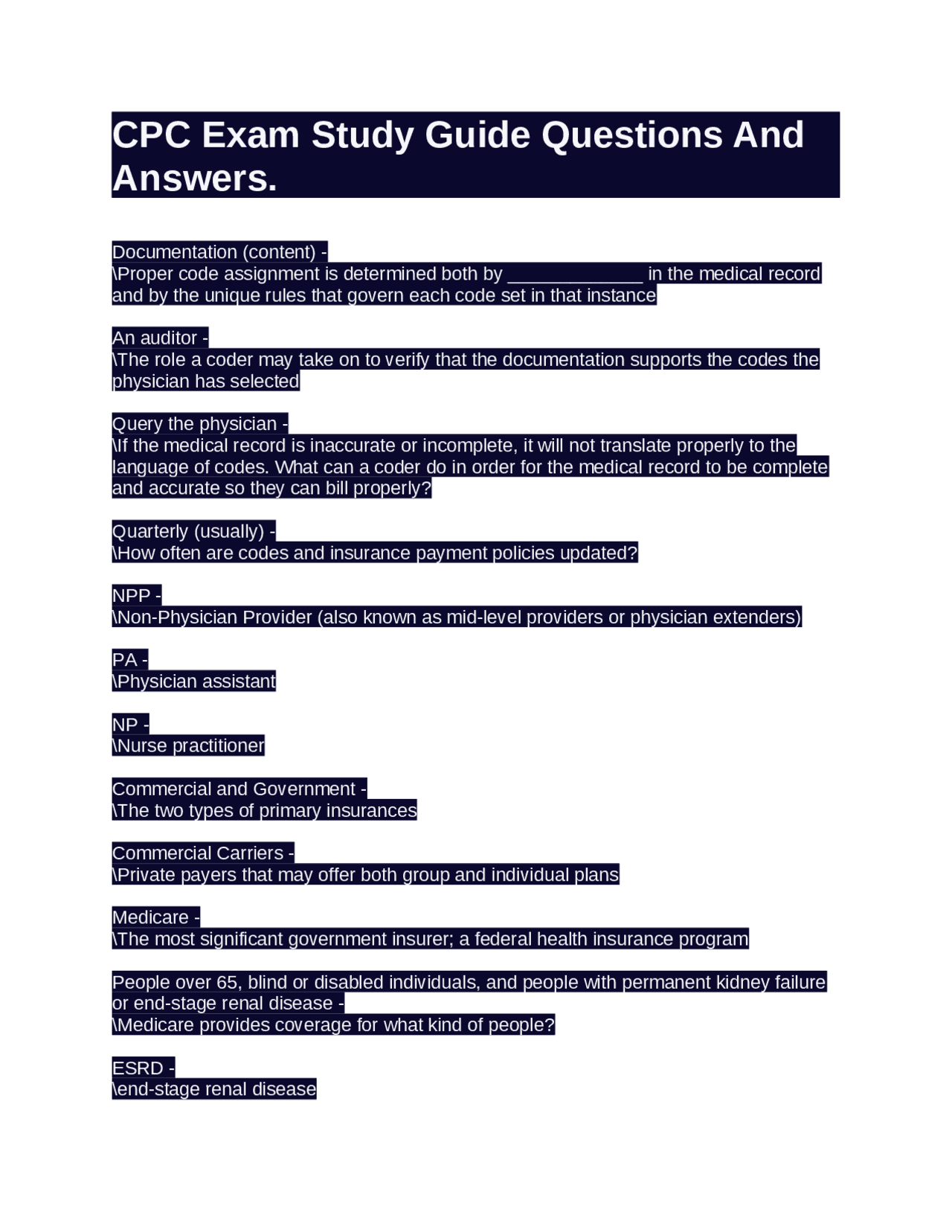 CPC Exam Study Guide Questions And Answers. | Exams Medicine | Docsity