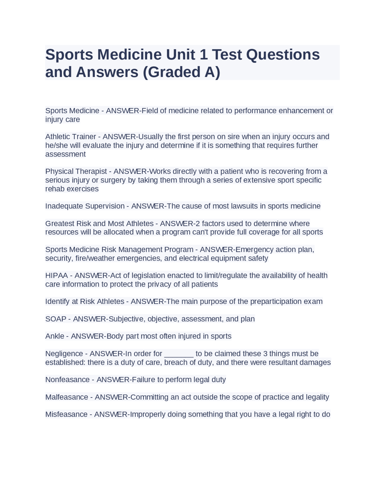 Sports Medicine Unit 1 Test Questions and Answers (Graded A) | Exams ...
