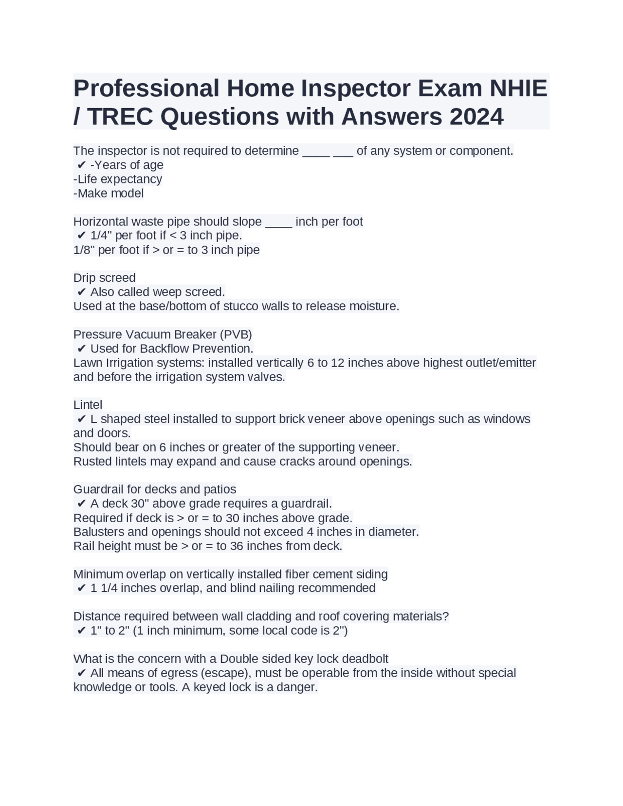 Professional Home Inspector Exam NHIE / TREC Questions with Answers ...