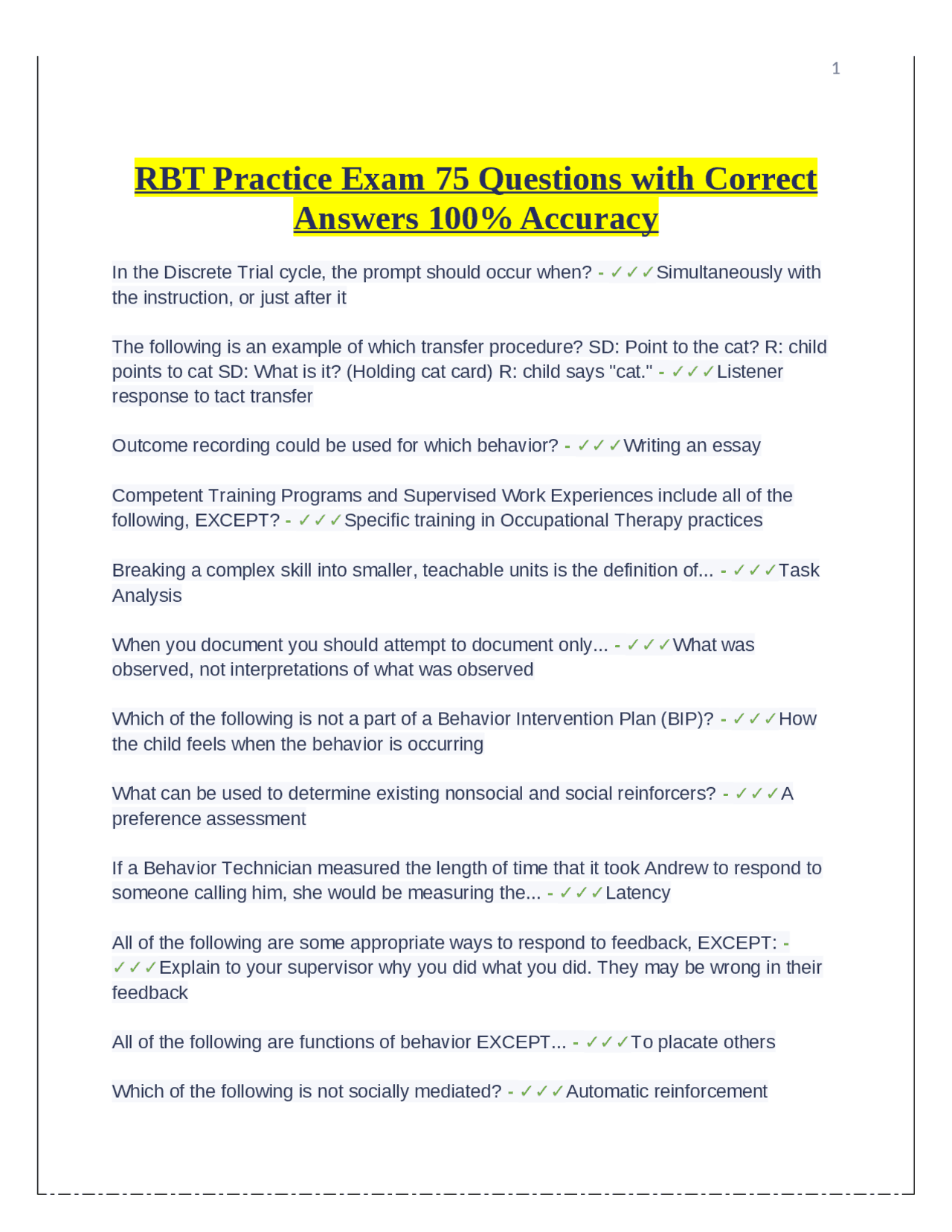 RBT Practice Exam 75 Questions with Correct Answers 100% Accuracy ...