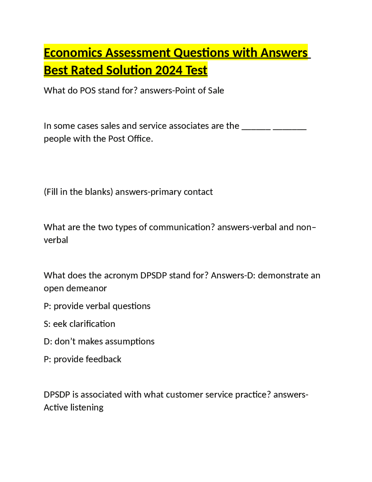 Economics Assessment Questions with Answers Best Rated Solution 2024 ...