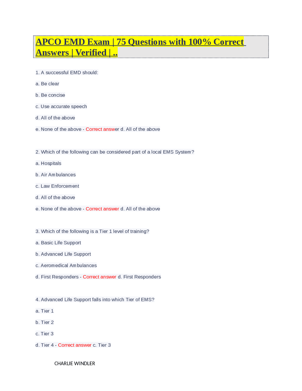 APCO EMD Exam | 75 Questions with 100% Correct Answers | Verified ...