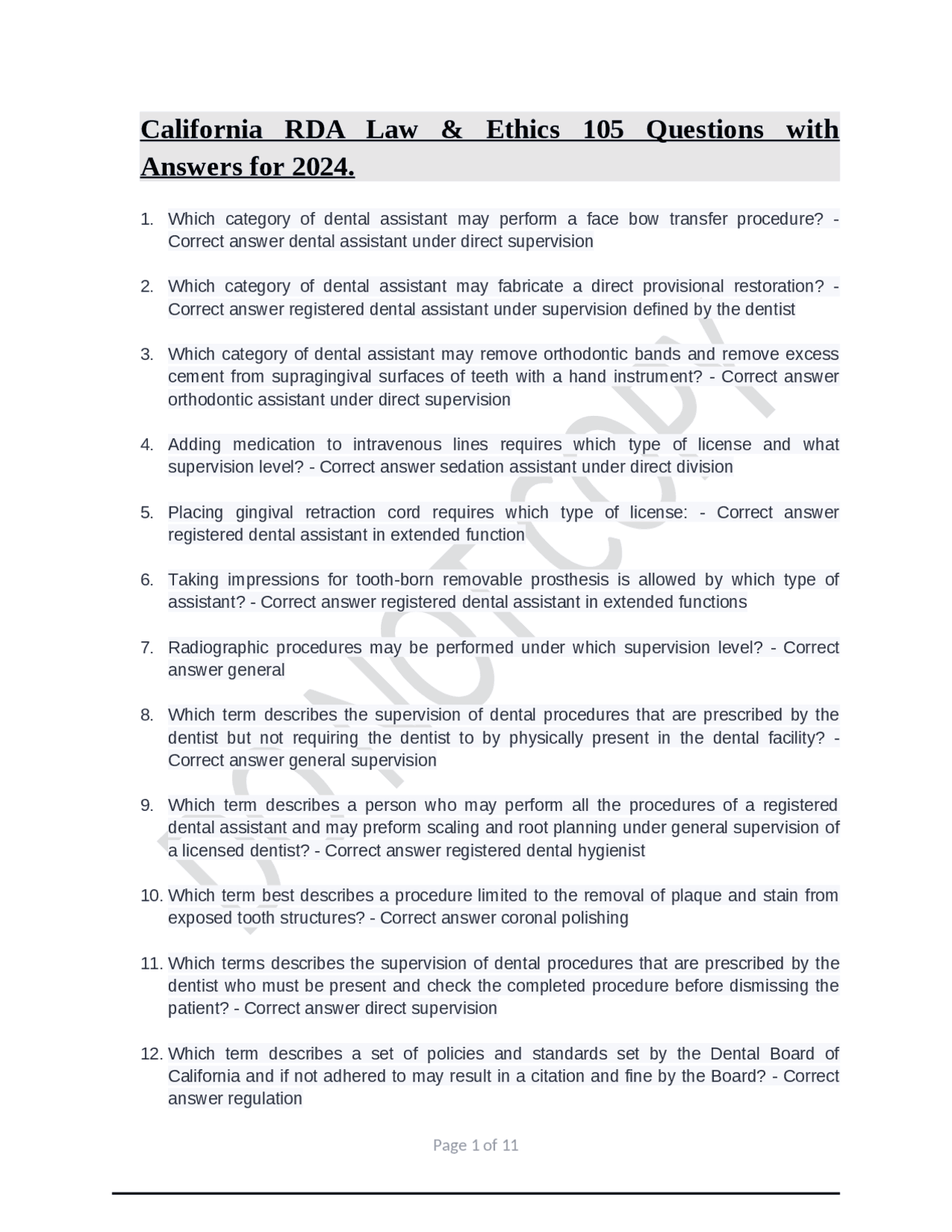 California RDA Law & Ethics 105 Questions with Answers for 2024 ...