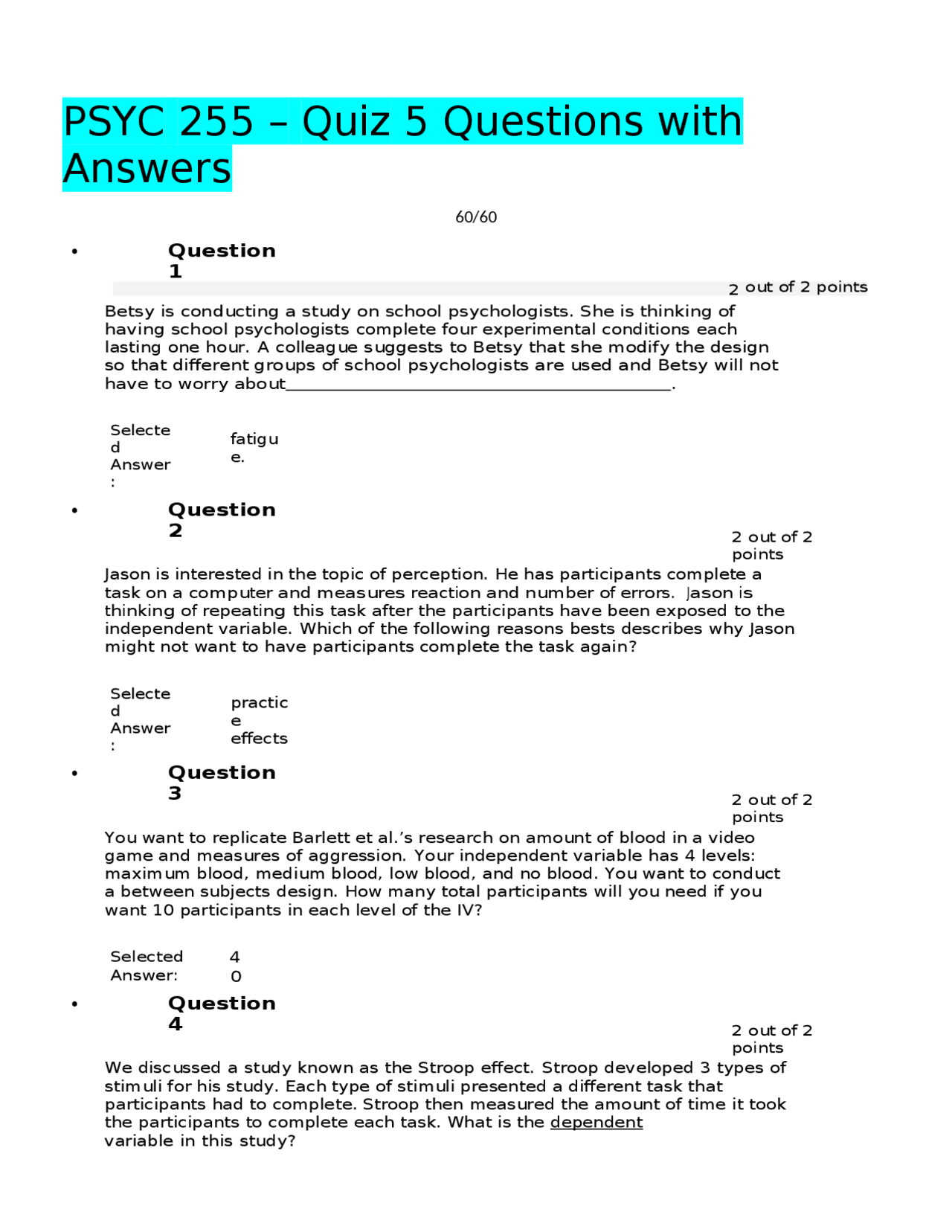 Quiz 5 Answers For Psyc 255 Research Design Exams Nursing Docsity 4700