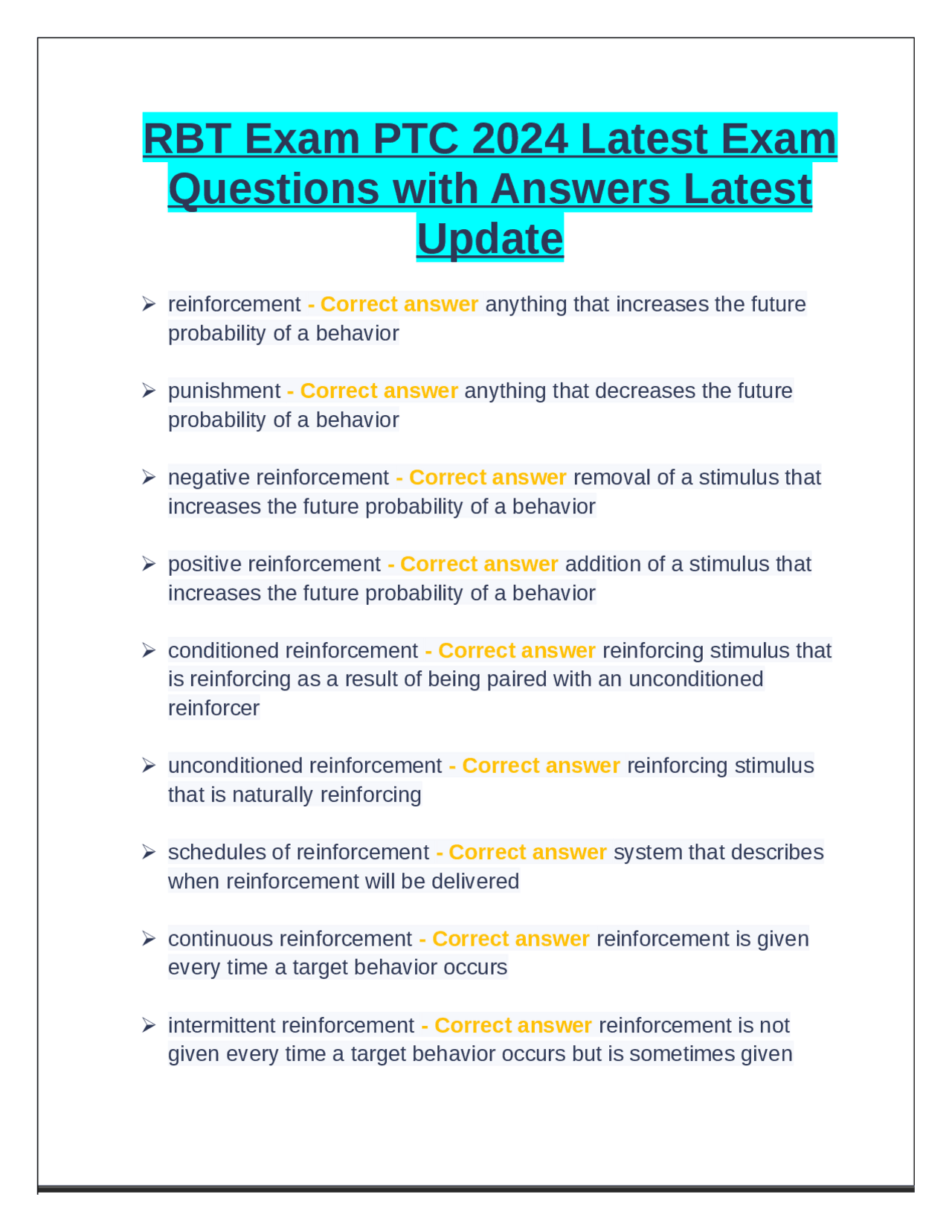 RBT Exam PTC 2024 Latest Exam Questions with Answers Latest Update ...