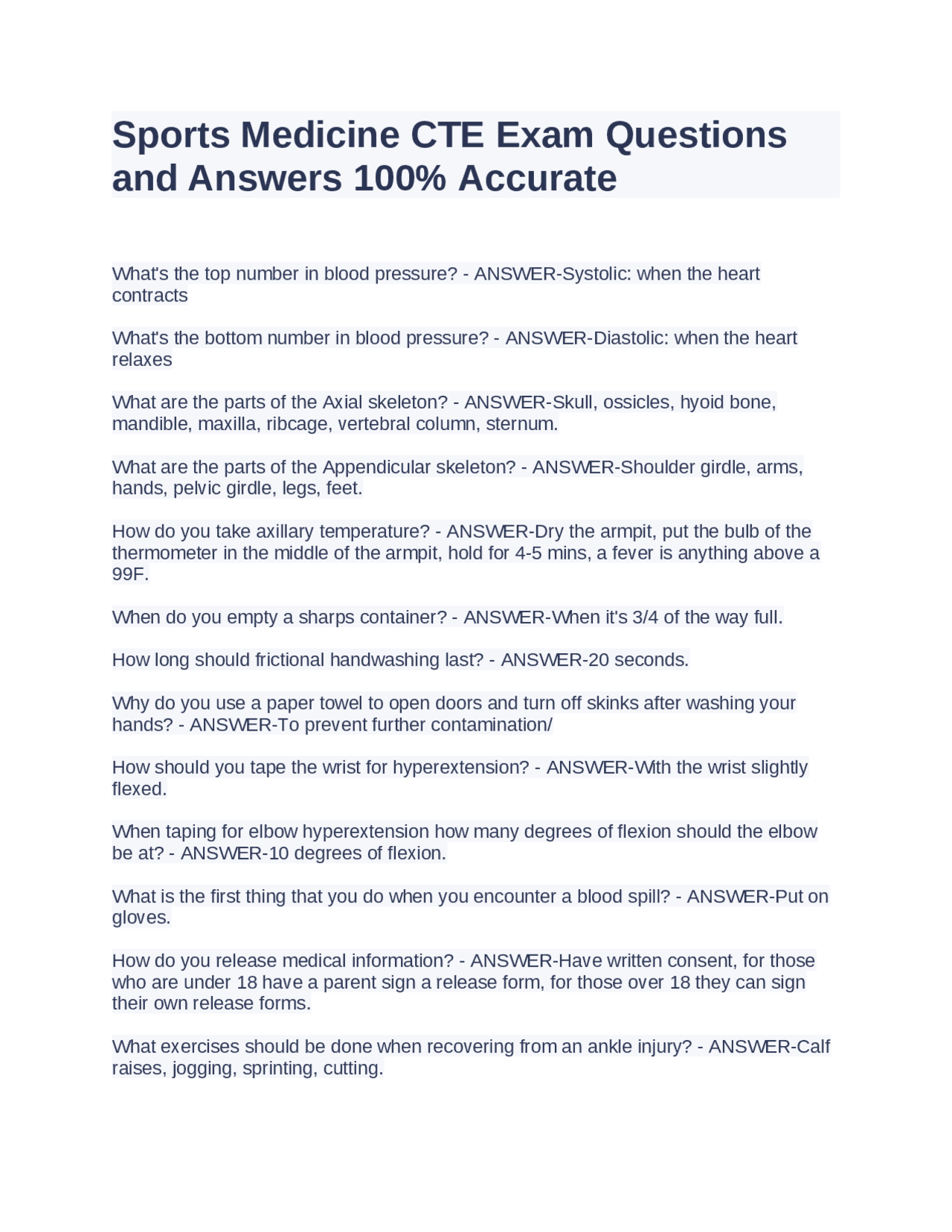 Sports Medicine CTE Exam Questions and Answers 100% Accurate | Exams ...