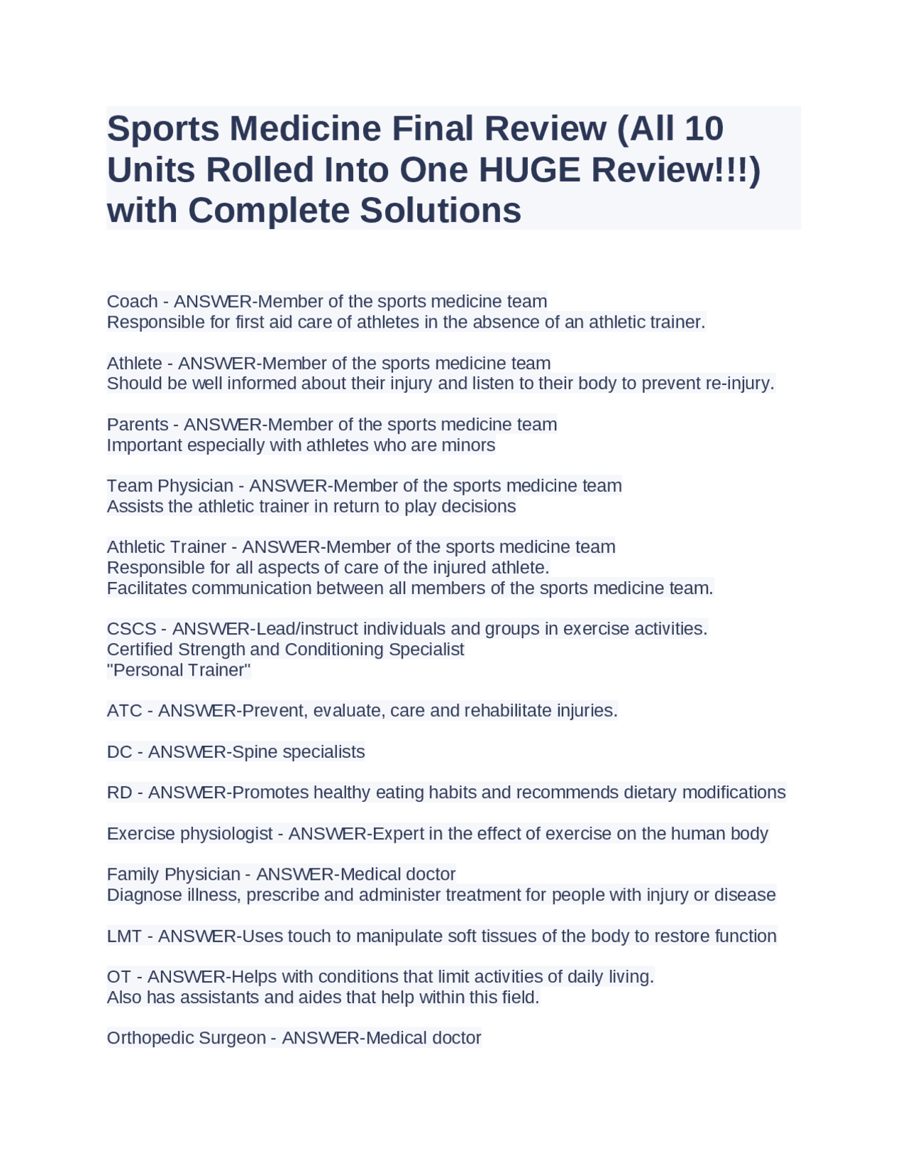 Sports Medicine Final Review (All 10 Units Rolled Into One HUGE Review ...