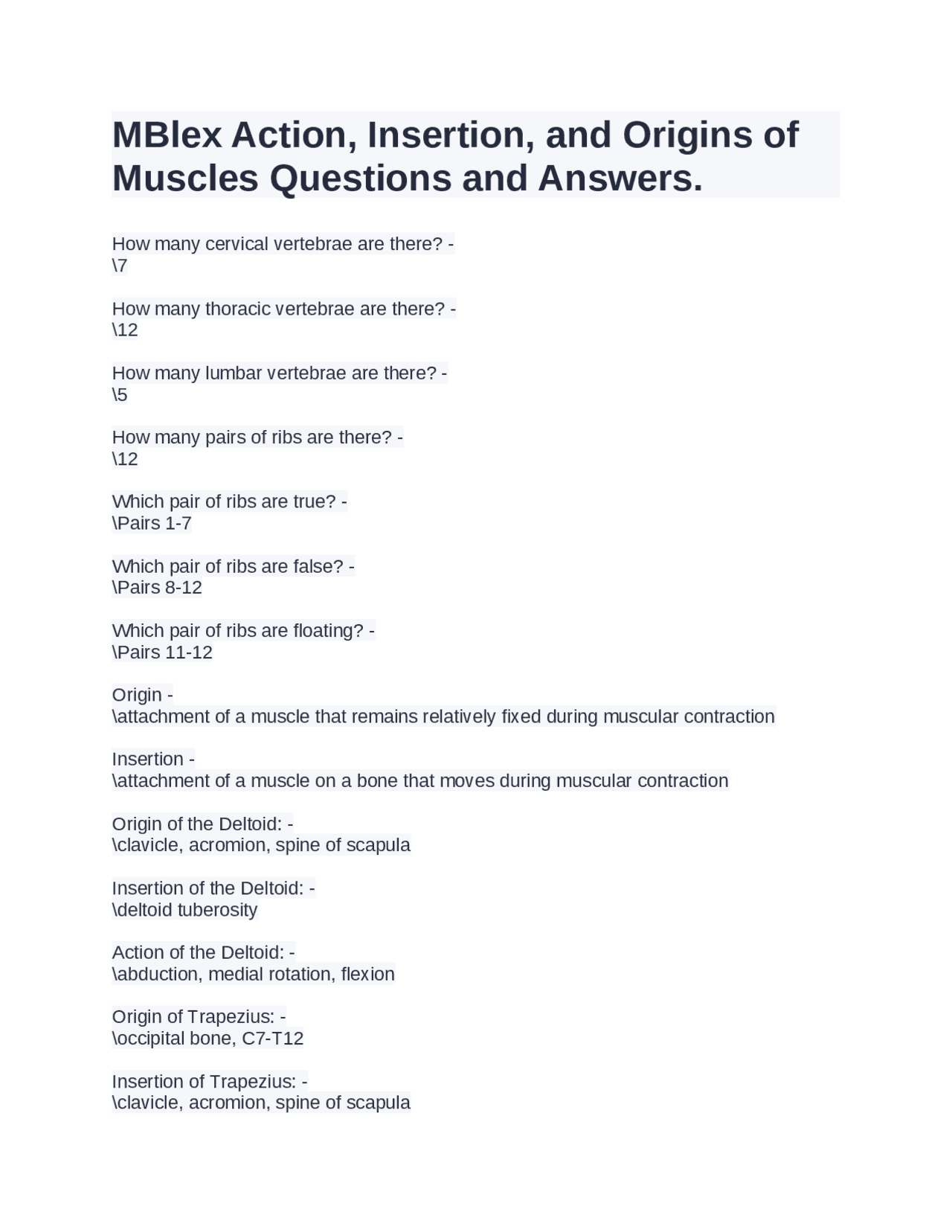 MBlex Action, Insertion, and Origins of Muscles Questions and Answers ...