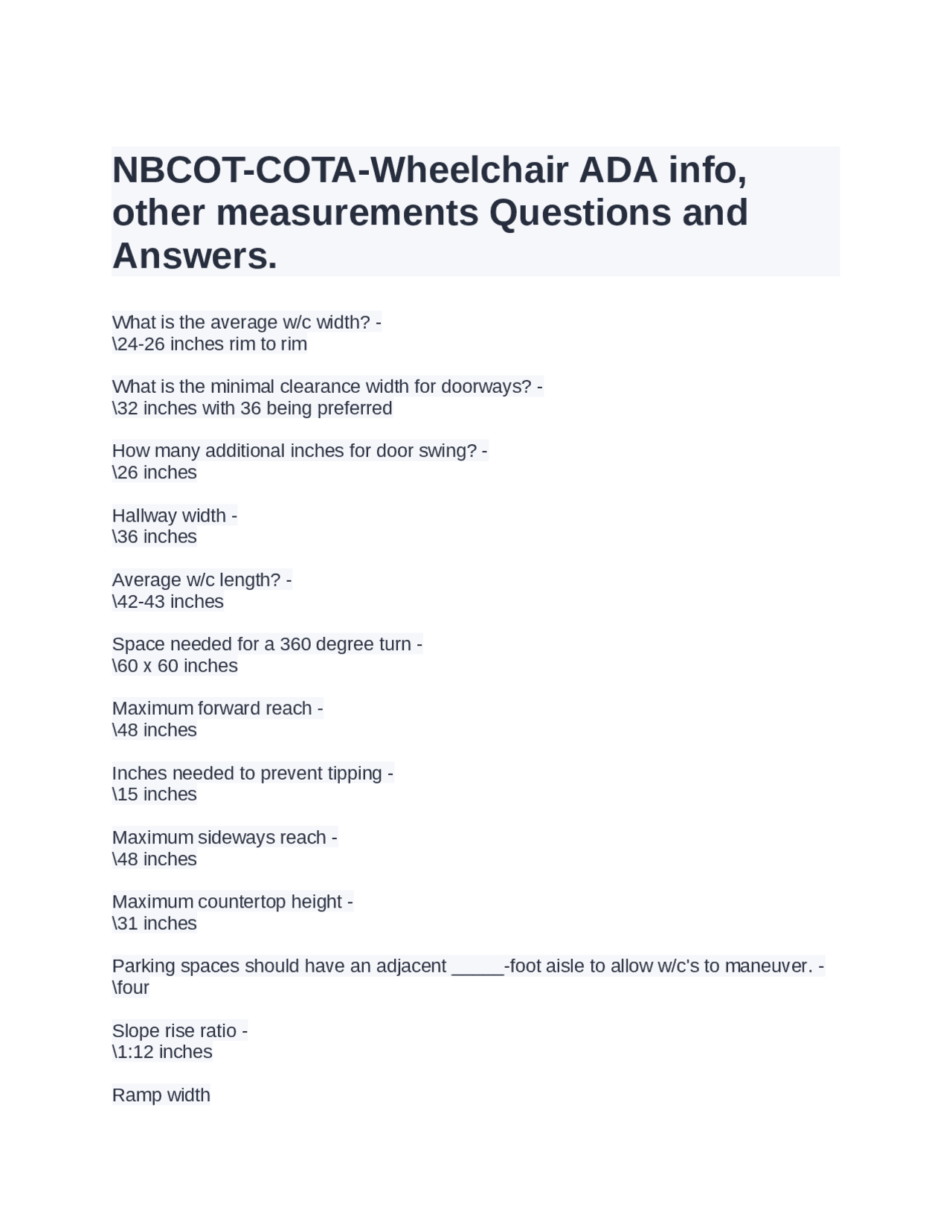 NBCOT-COTA-Wheelchair ADA info, other measurements Questions and ...