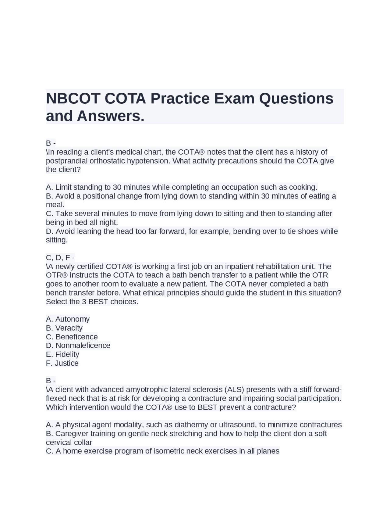 NBCOT COTA Practice Exam Questions and Answers. | Exams Medicine | Docsity