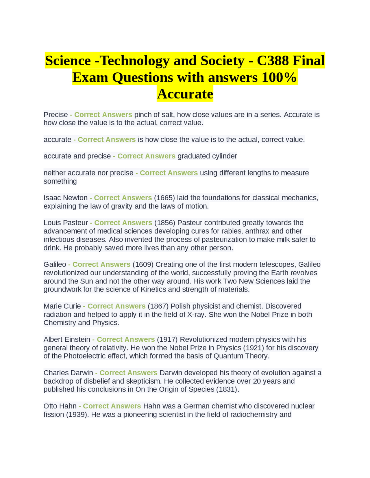 Science -Technology and Society - C388 Final Exam Questions with ...
