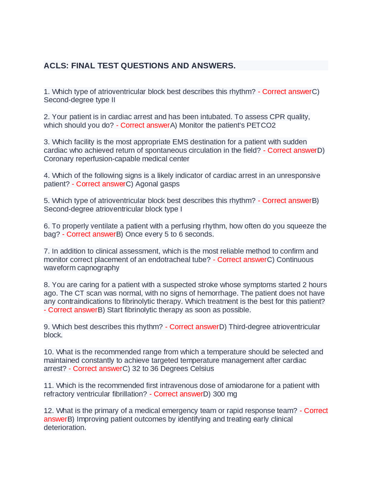ACLS: FINAL TEST QUESTIONS AND ANSWERS | Exams Nursing | Docsity