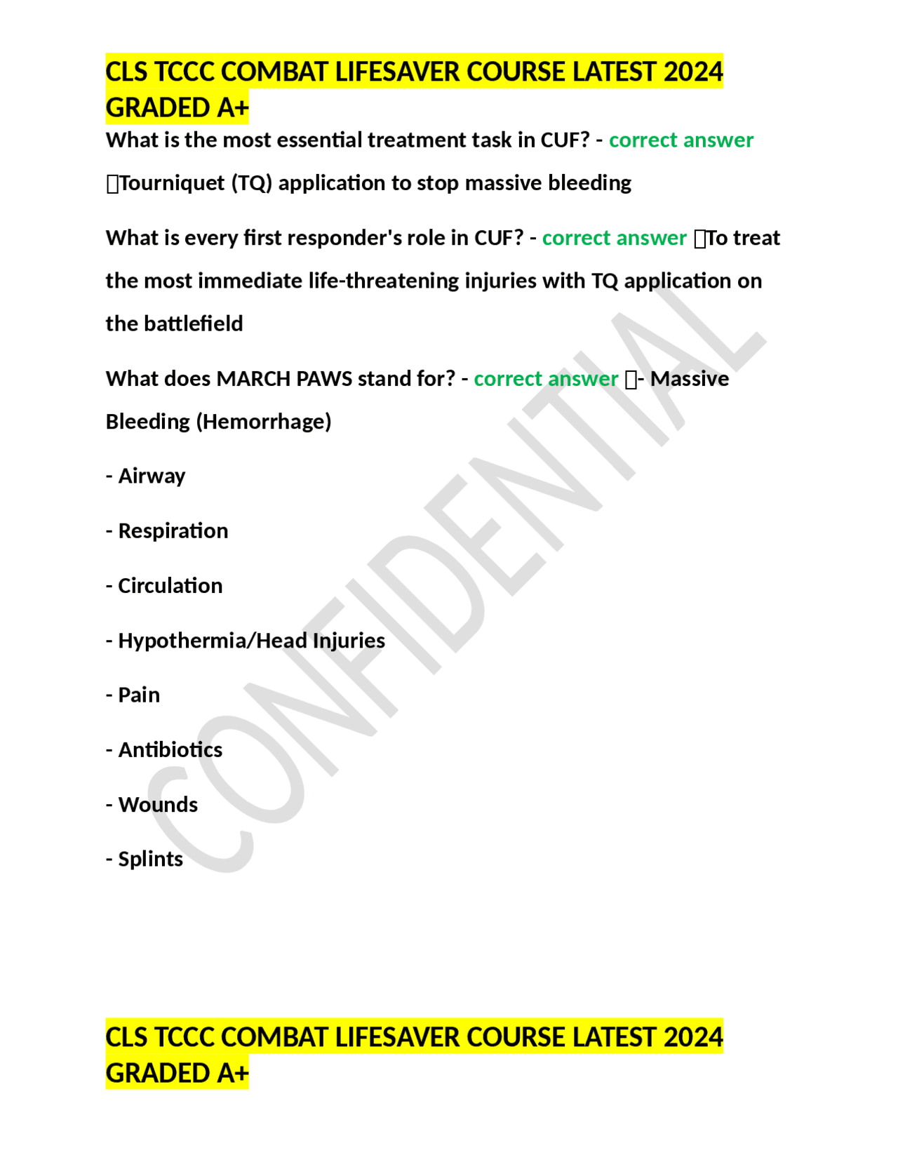 CLS TCCC Combat Lifesaver Course: Latest 2024 | Exercises Nursing | Docsity