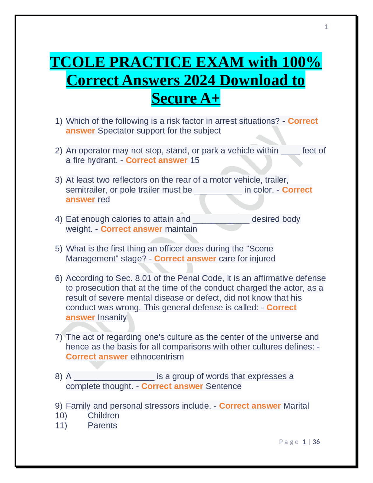 TCOLE PRACTICE EXAM with 100% Correct Answers 2024 Download to Secure ...