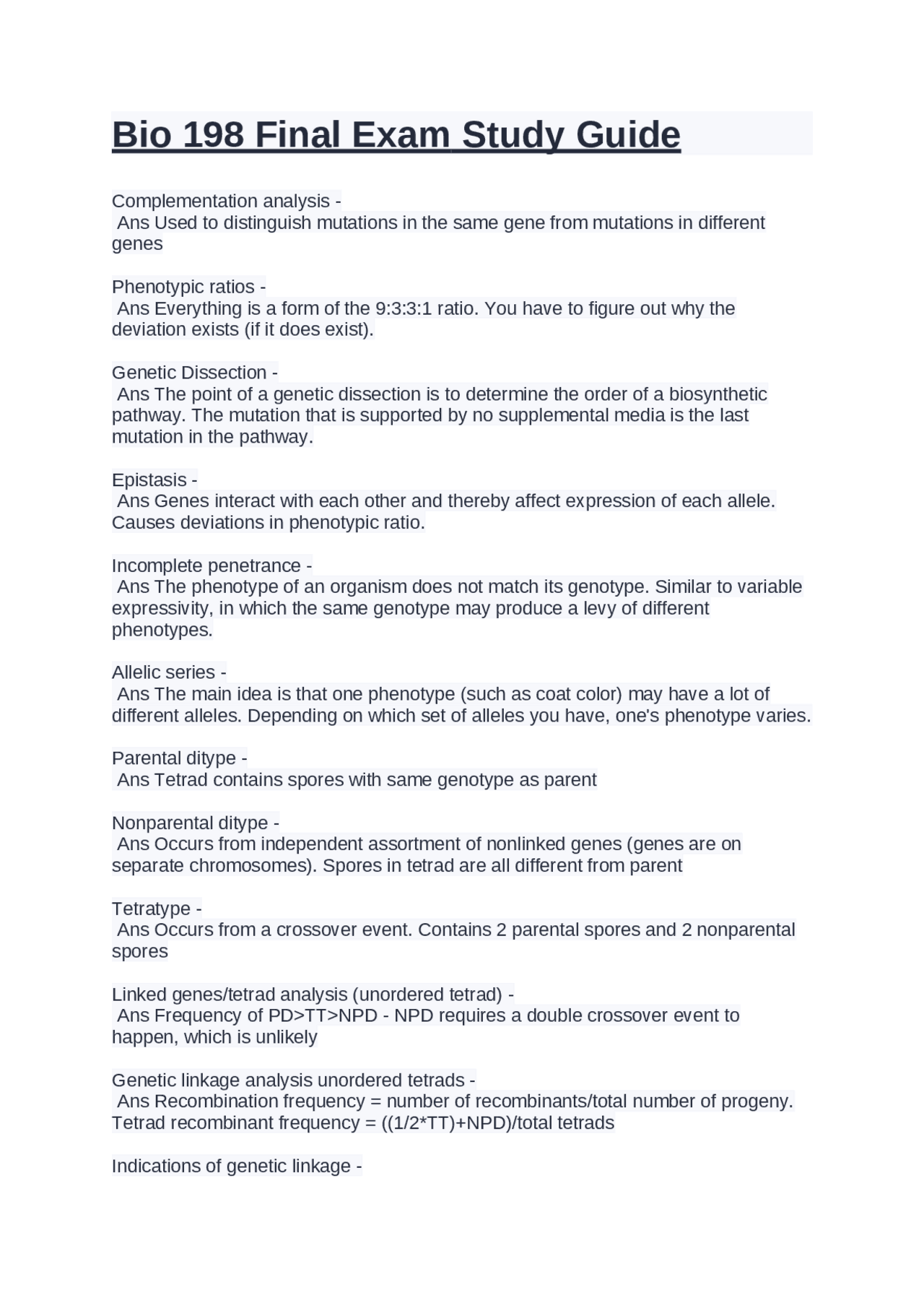 Bio 198 Final Exam Study Guide: Genetics and Molecular Biology | Exams ...