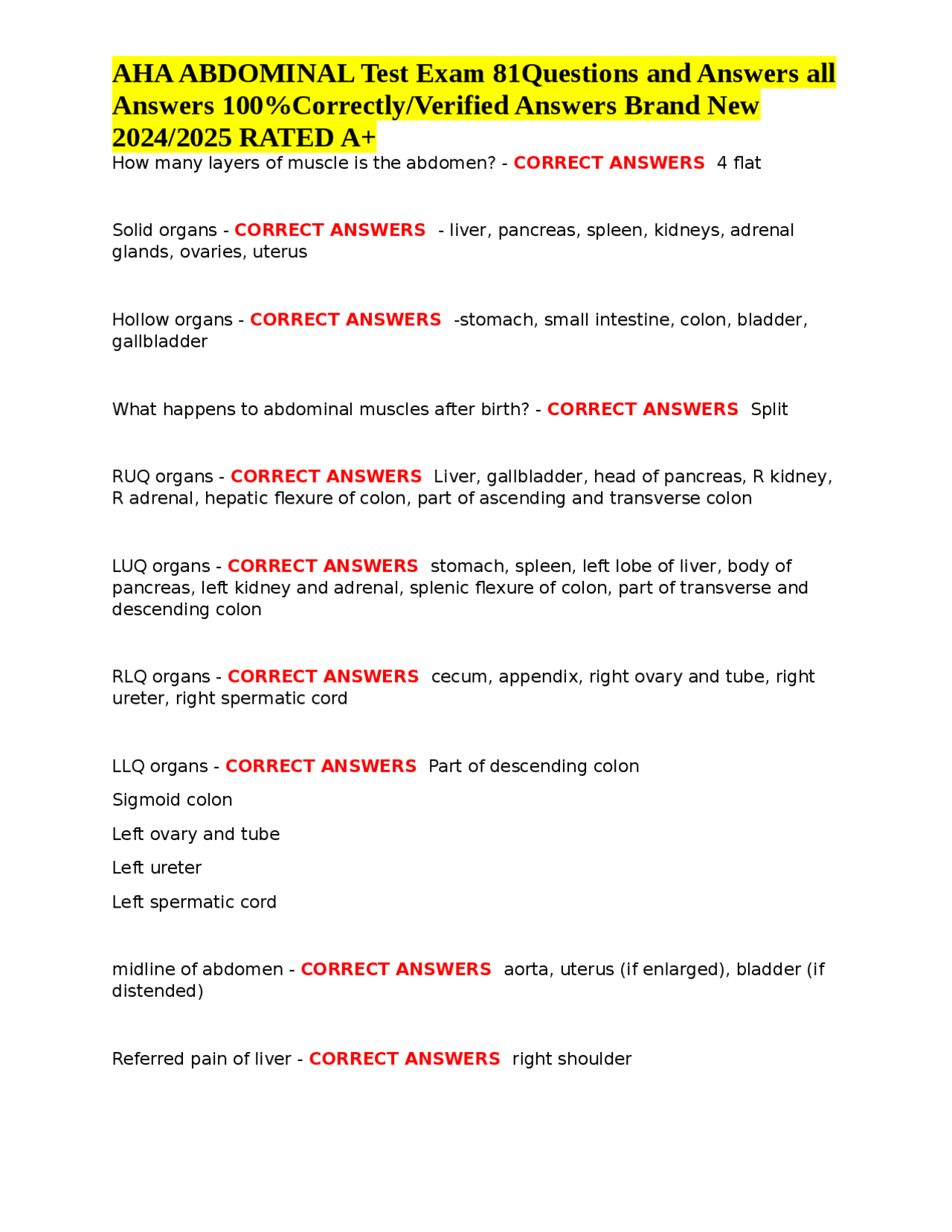 AHA ABDOMINAL Test Exam 81Questions and Answers all Answers 100 ...