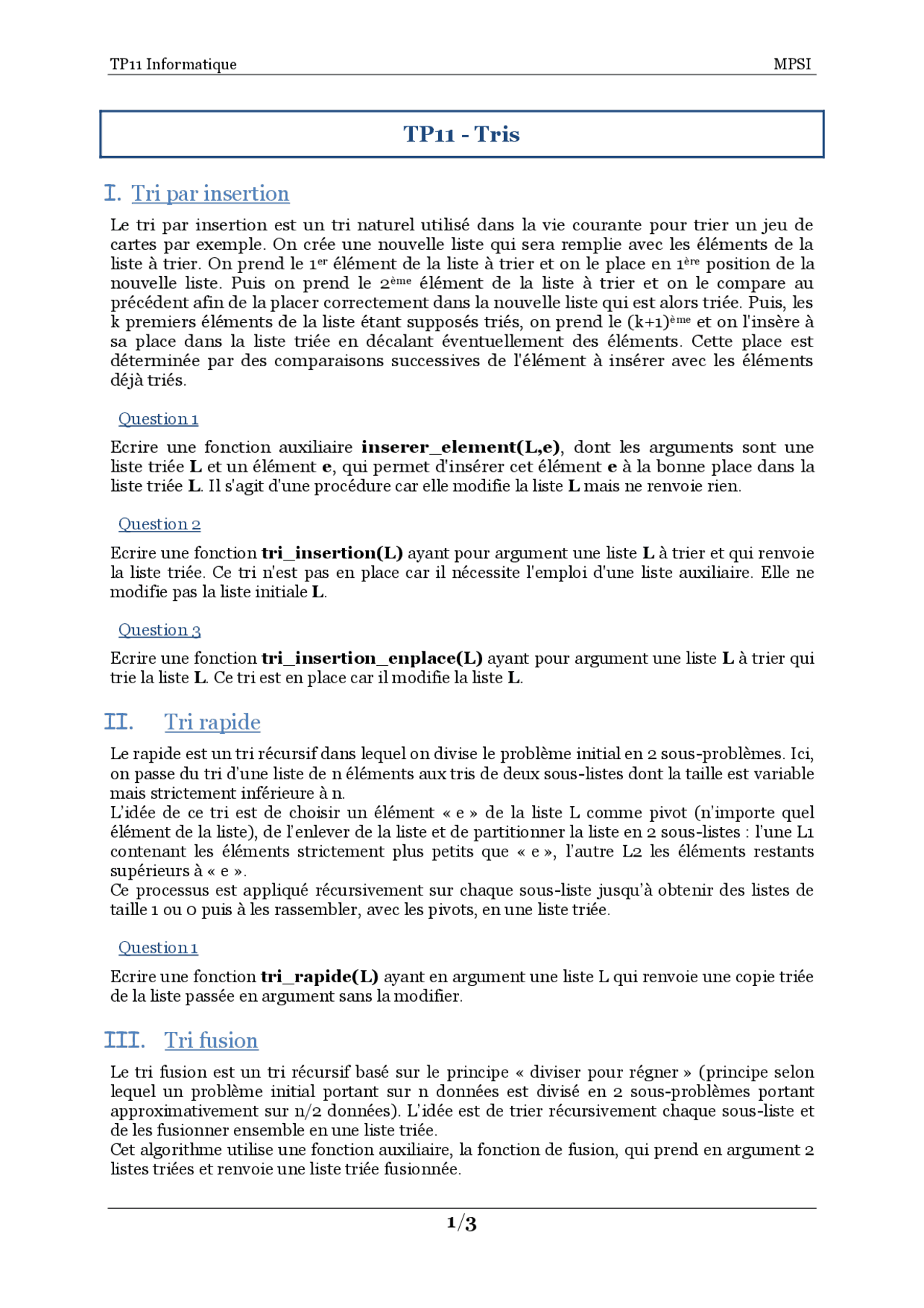 Exercices Programmation tris | Exercices Informatique | Docsity