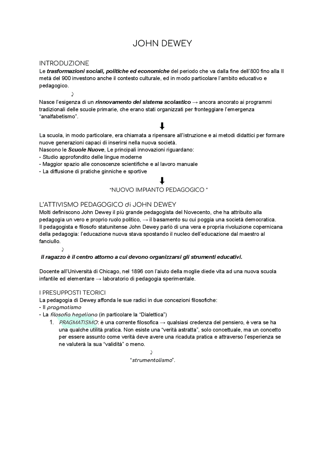 Dewey “storia del pensiero pedagogico” | Dispense di Pedagogia | Docsity