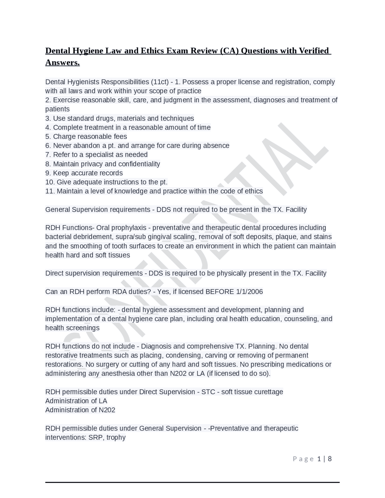 Dental Hygiene Law and Ethics Exam Review (CA) Questions with Verified ...