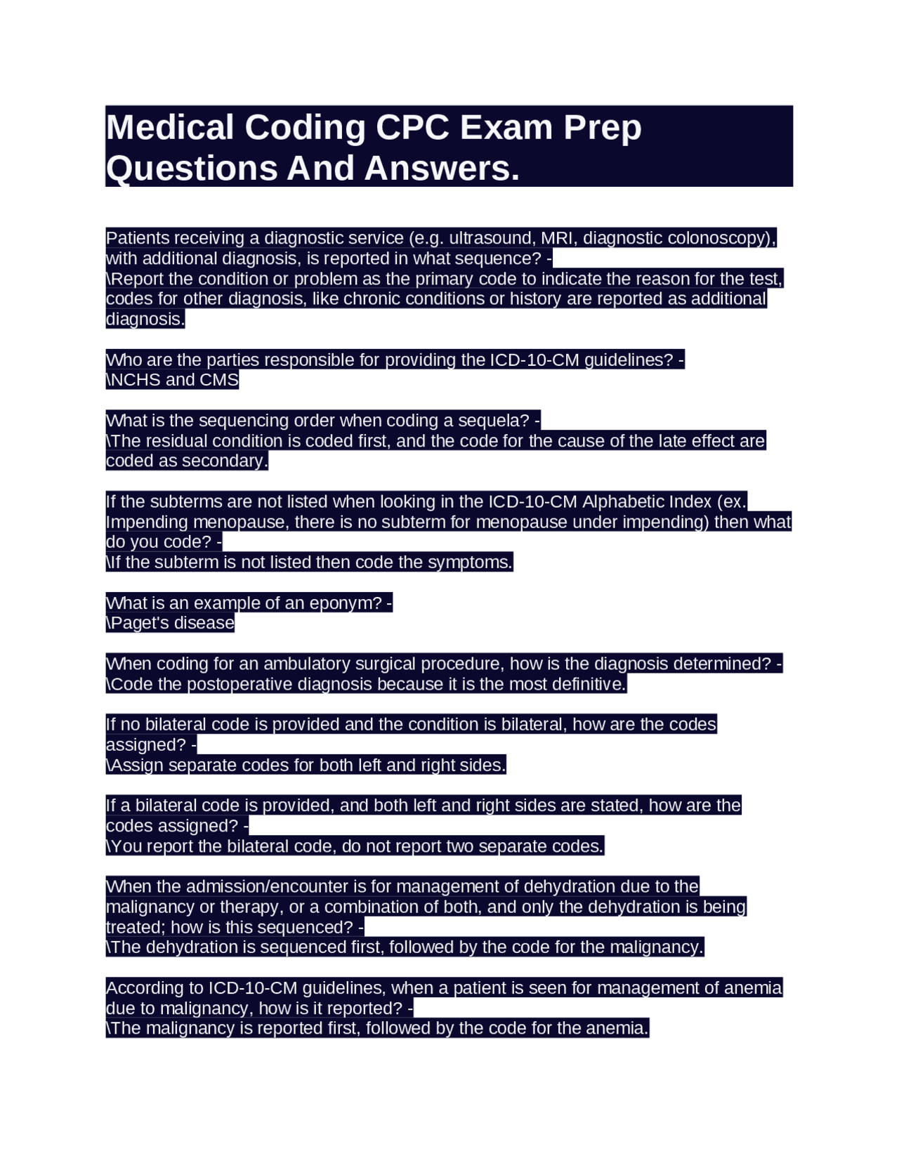 Medical Coding CPC Exam Prep Questions And Answers. | Exams Medicine ...