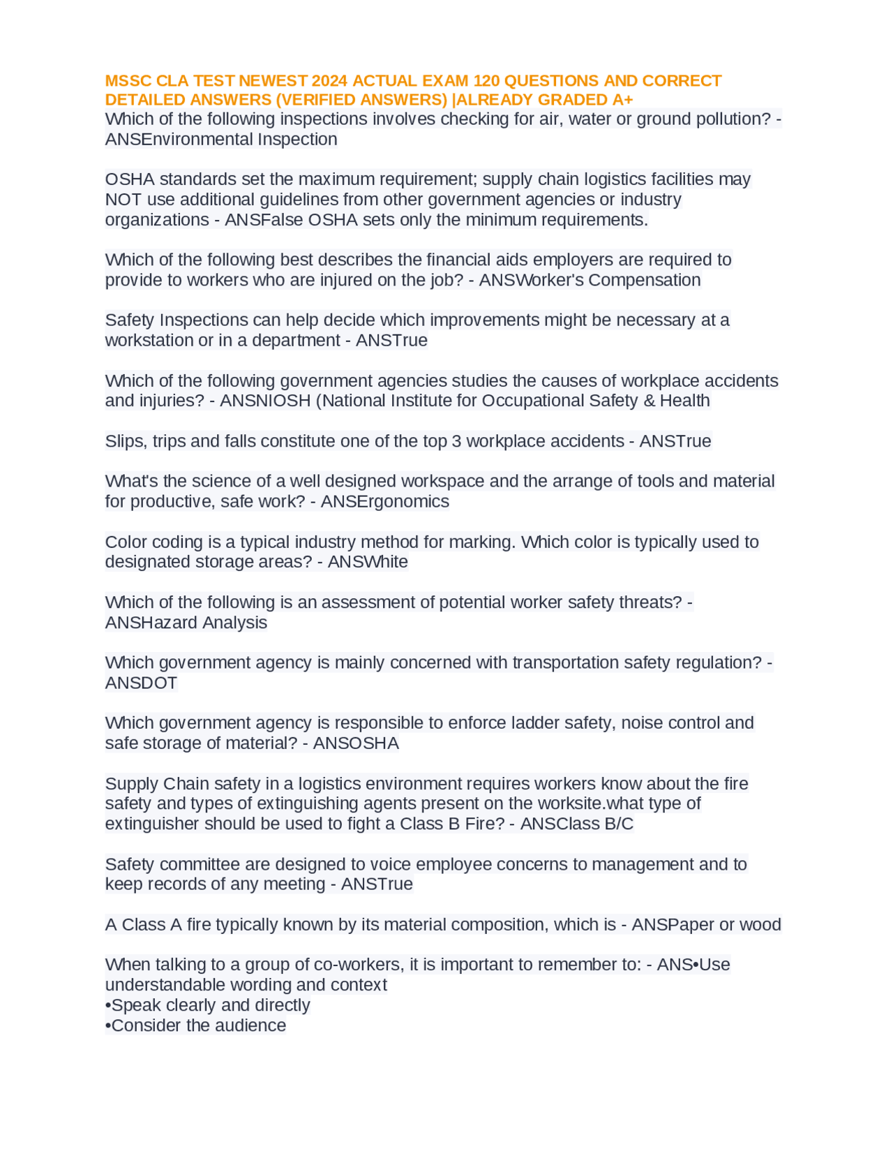 MSSC CLA TEST NEWEST 2024 ACTUAL EXAM 120 QUESTIONS AND CORRECT ...