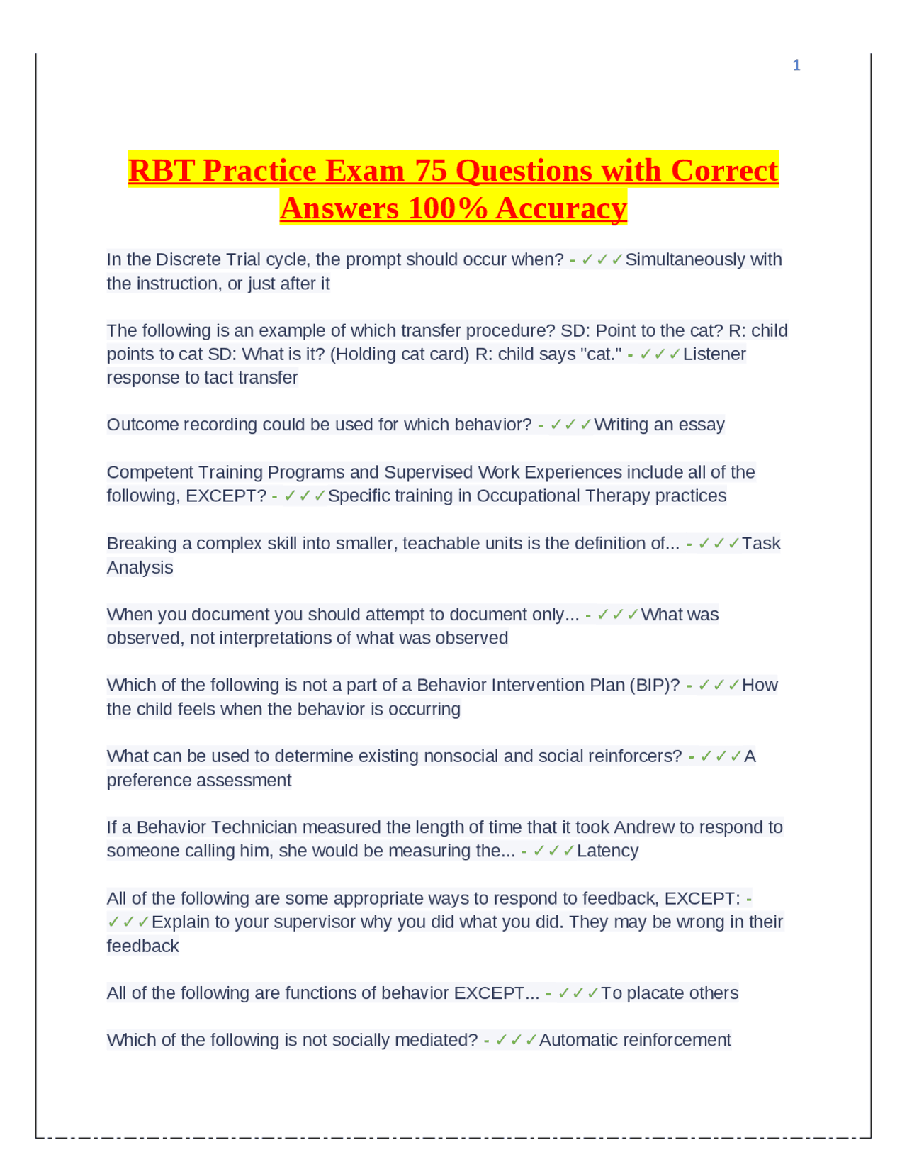 RBT Practice Exam 75 Questions with Correct Answers 100% Accuracy ...