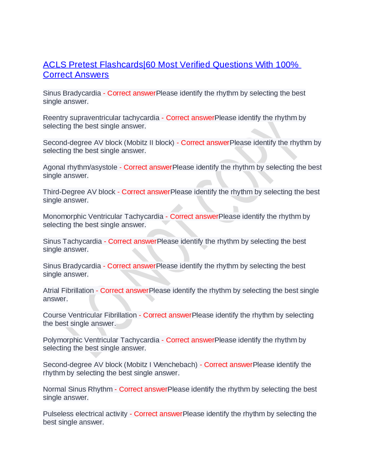 ACLS Pretest Flashcards|60 Most Verified Questions With 100% Correct ...