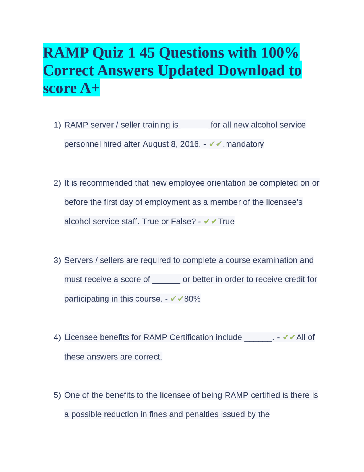 RAMP Quiz 1 45 Questions with 100% Correct Answers Updated Download to ...