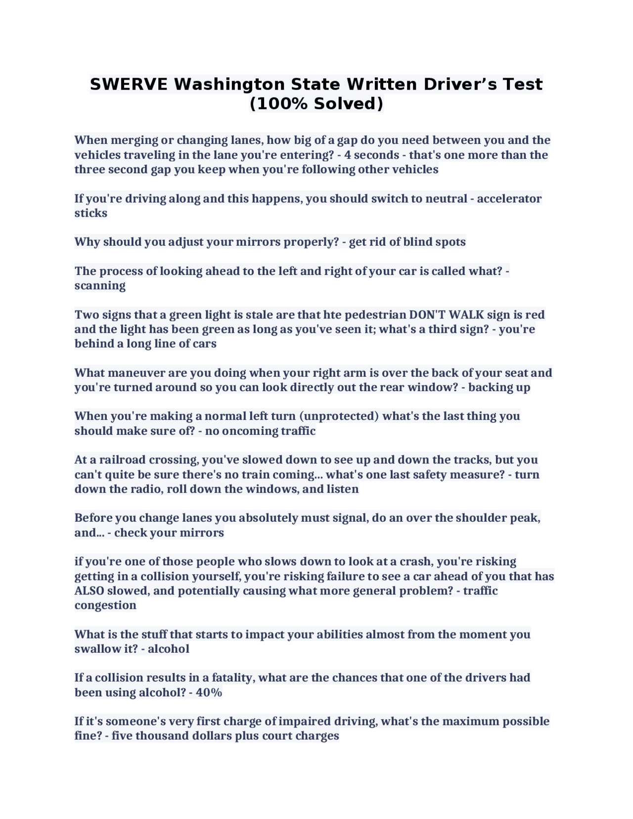 SWERVE Washington State Written Driver’s Test (100% Solved) | Exams ...