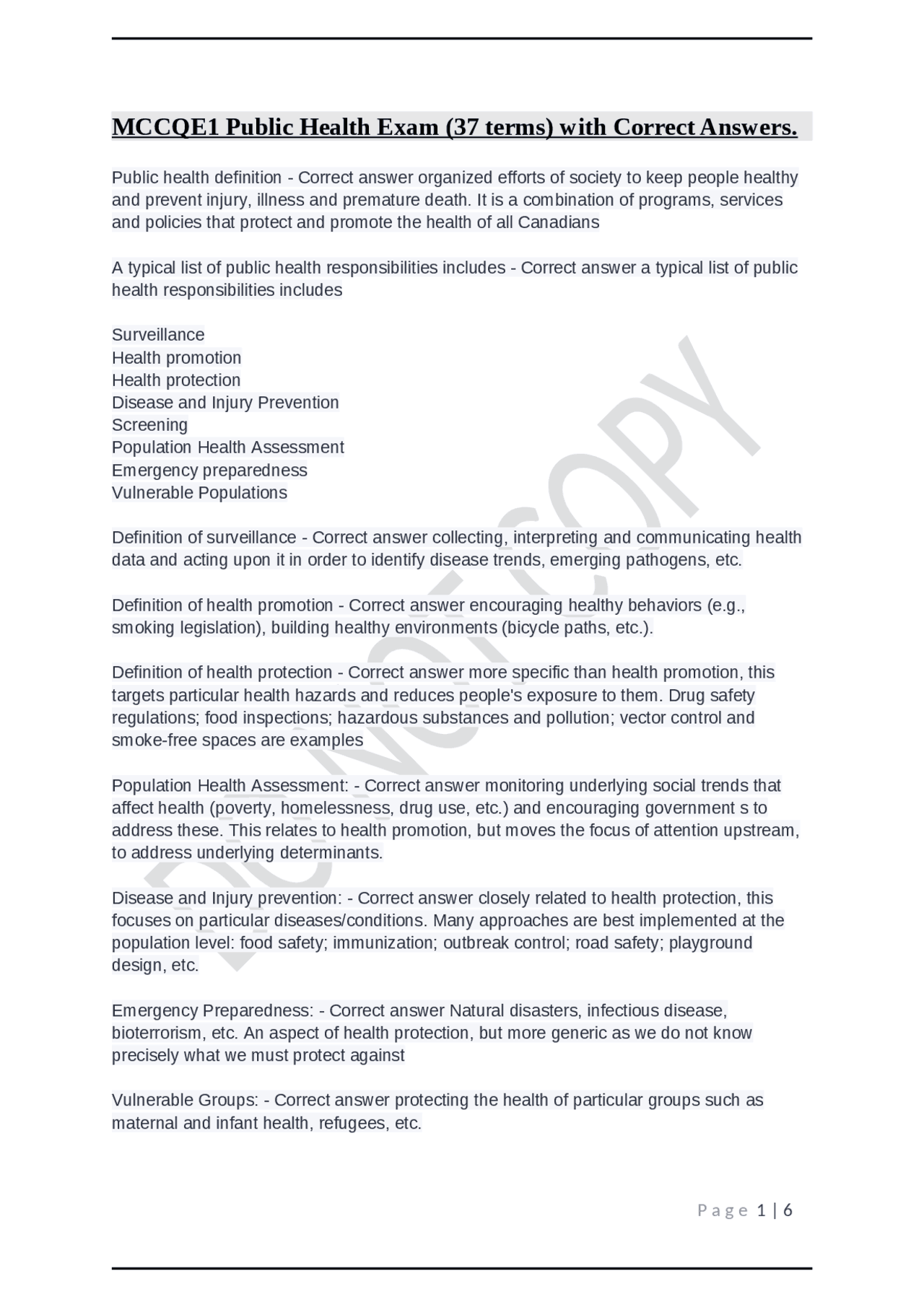 MCCQE1 Public Health Exam (37 terms) with Correct Answers. | Exams Public Health | Docsity