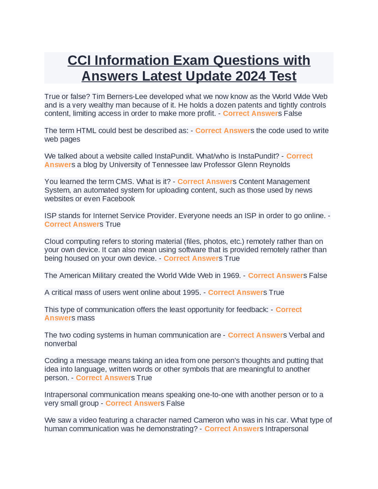 CCI Information Exam Questions with Answers Latest Update 2024 Test ...