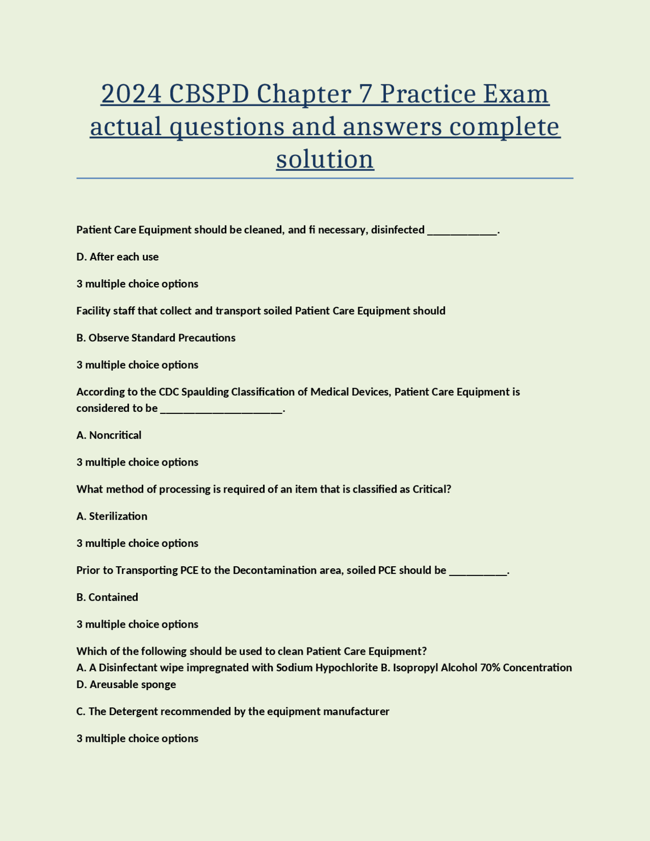 CBSPD Chapter 7 Practice Exam: Patient Care Equipment Decontamination ...