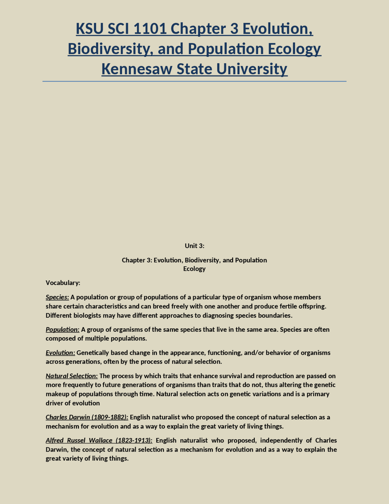 KSU SCI 1101 Chapter 3 Evolution, Biodiversity, and Population Ecology ...