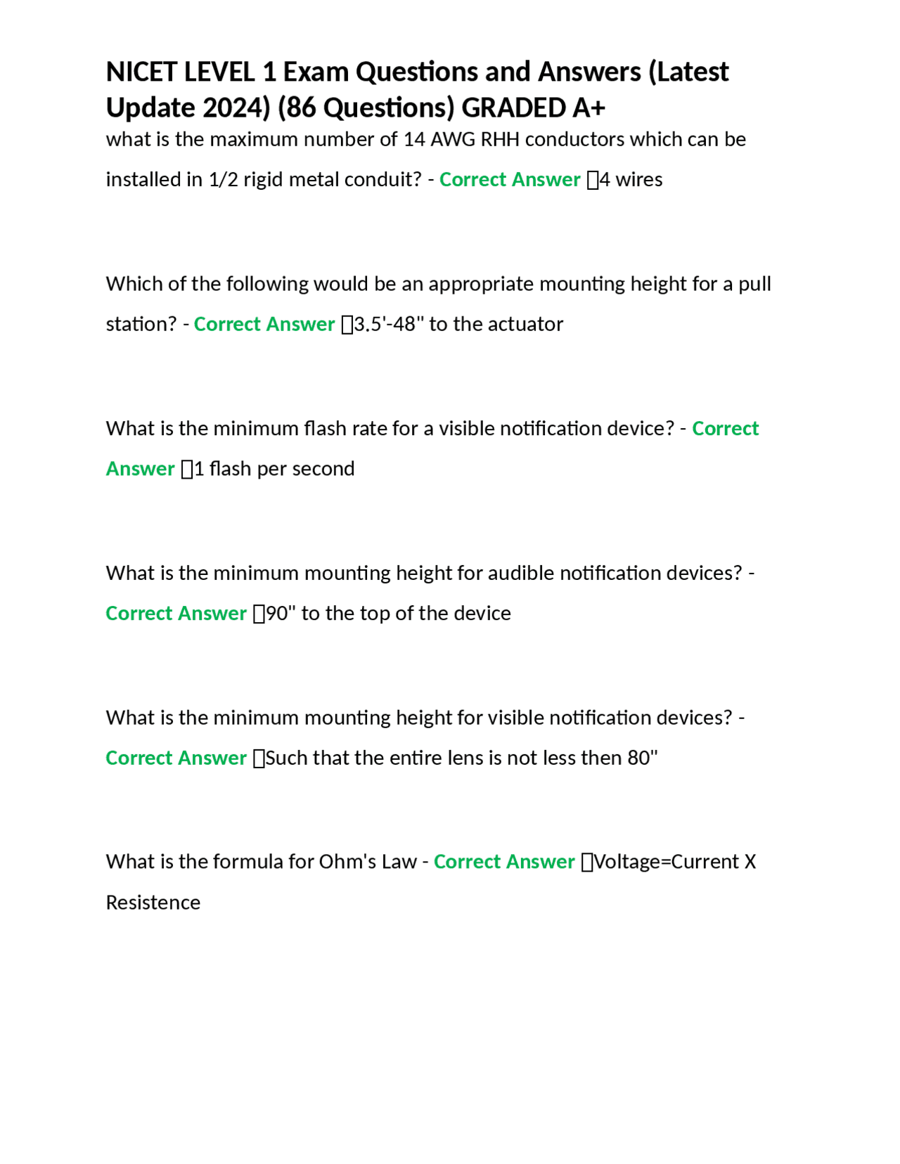 NICET LEVEL 1 Exam Questions and Answers (Latest Update 2024) (86 ...