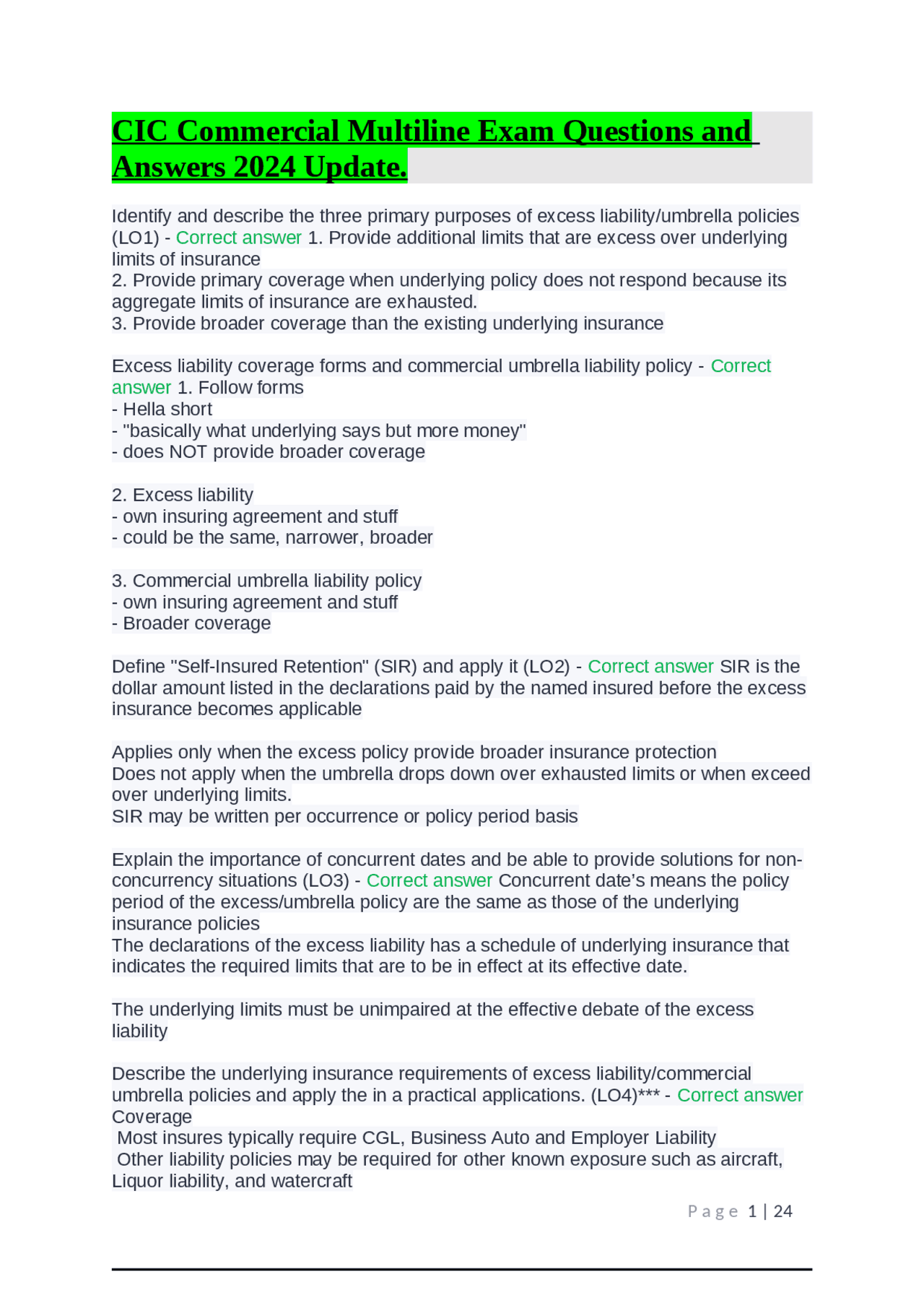 CIC Commercial Multiline Exam Questions and Answers 2024 Update ...