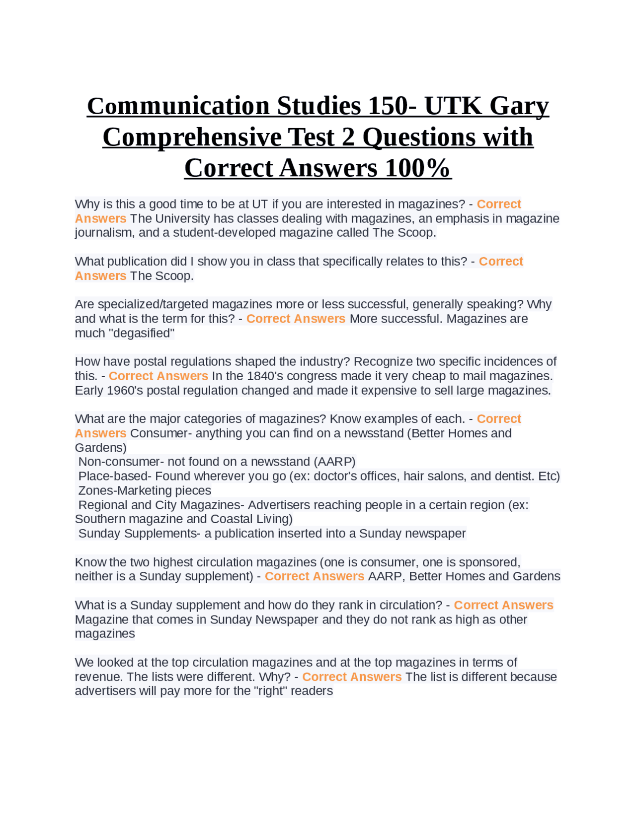 Communication Studies 150- UTK Gary Comprehensive Test 2 Questions with ...