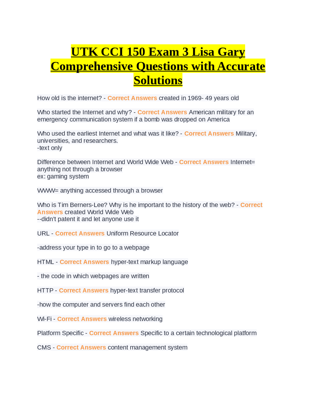UTK CCI 150 Exam 3 Lisa Gary Comprehensive Questions with Accurate ...