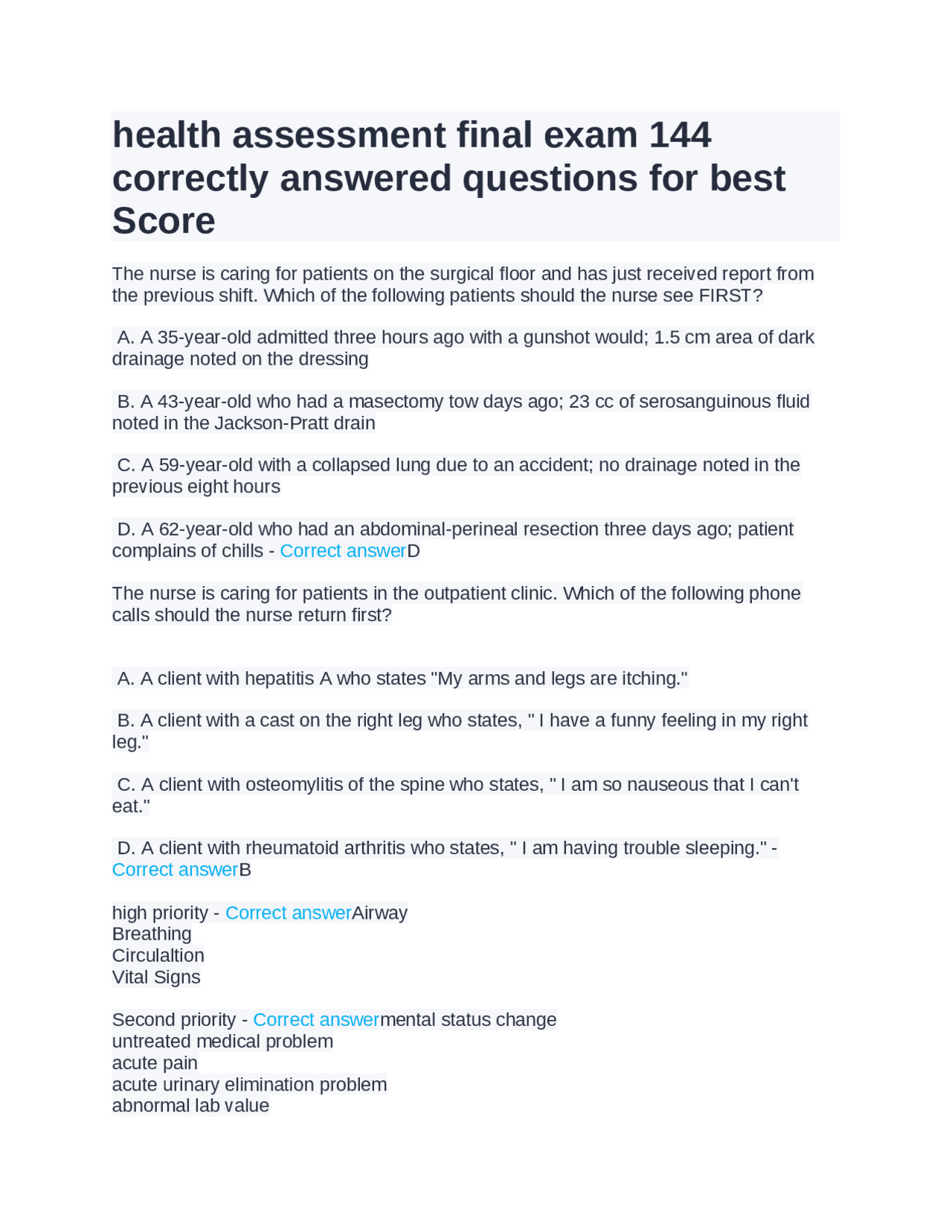 health assessment final exam 144 correctly answered questions for best ...
