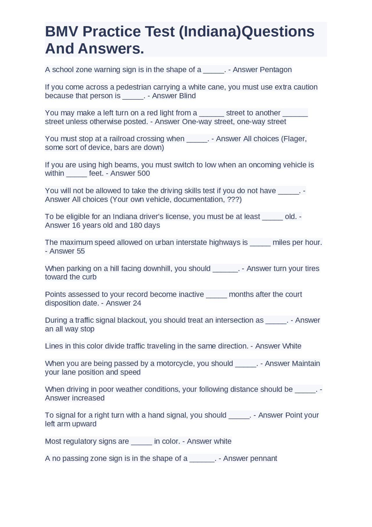 Indiana BMV Practice Test Questions and Answers | Exams Nursing | Docsity