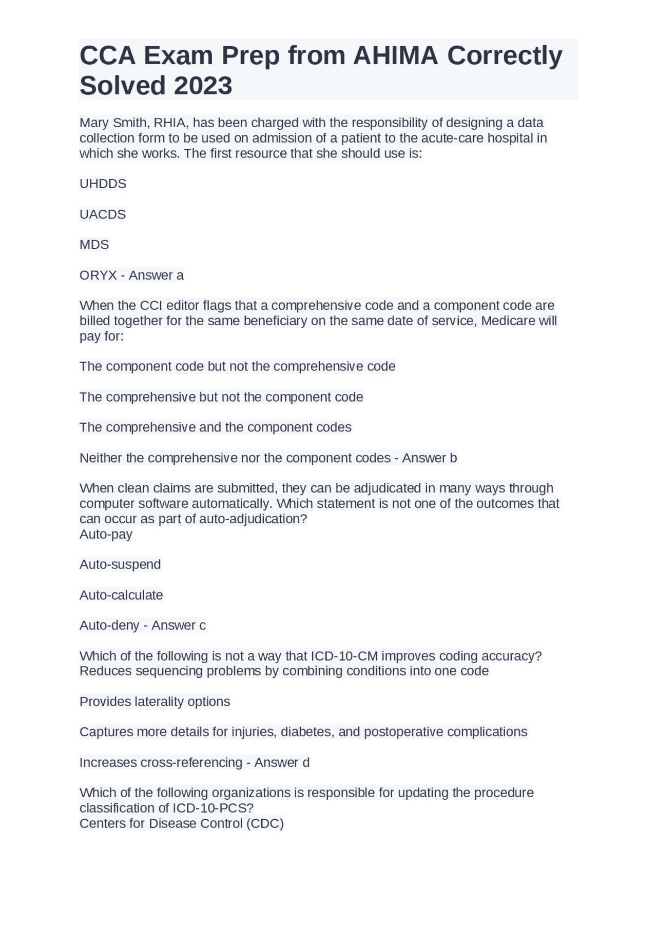 CCA Exam Prep from AHIMA Correctly Solved 2023. | Exams Nursing | Docsity