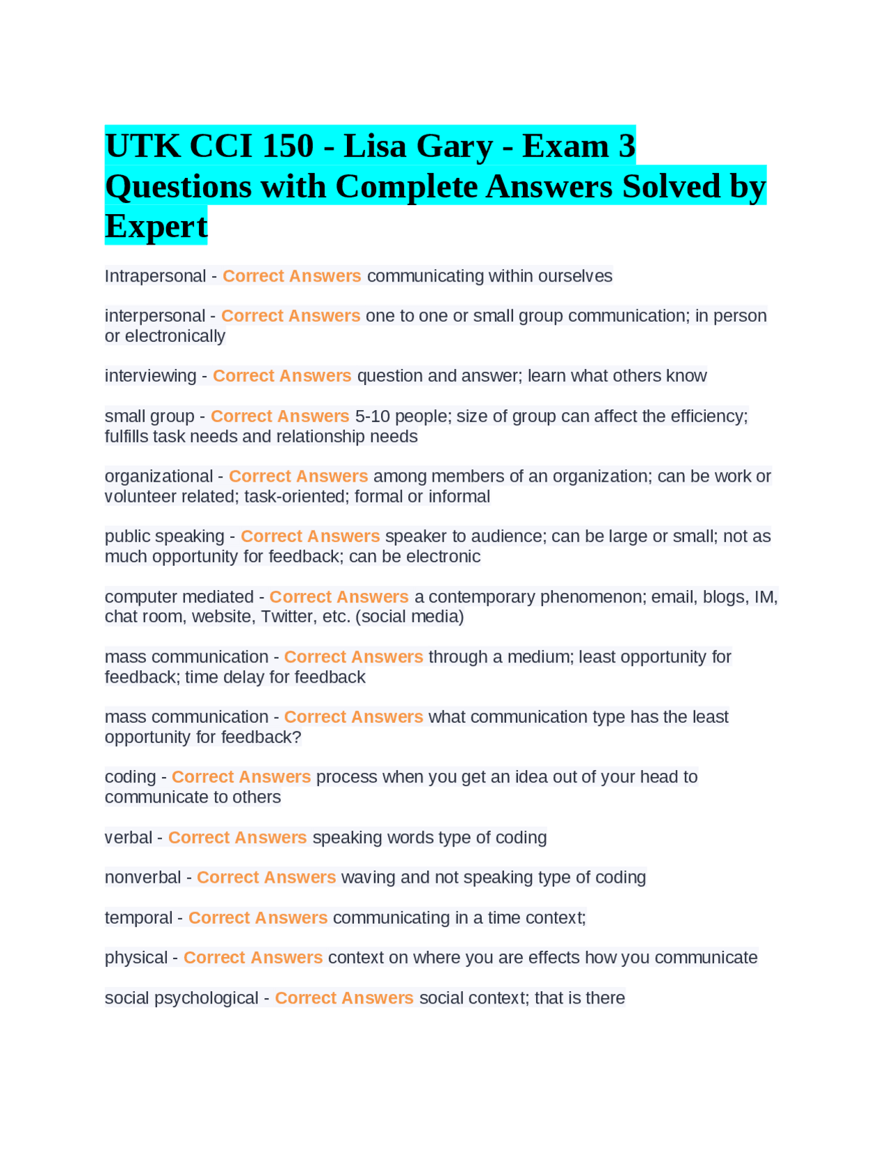 UTK CCI 150 - Lisa Gary - Exam 3 Questions with Complete Answers Solved ...