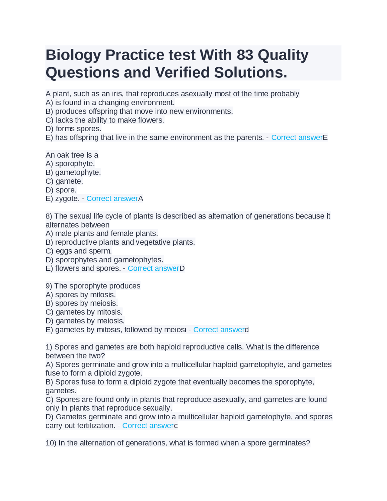 Plant Biology Practice Test: Understanding Reproduction, Life Cycles ...